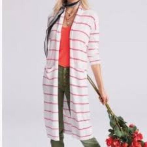 CAbi | Sweaters | Cabi 5826 Stroll White Orange Striped Duster Open ...